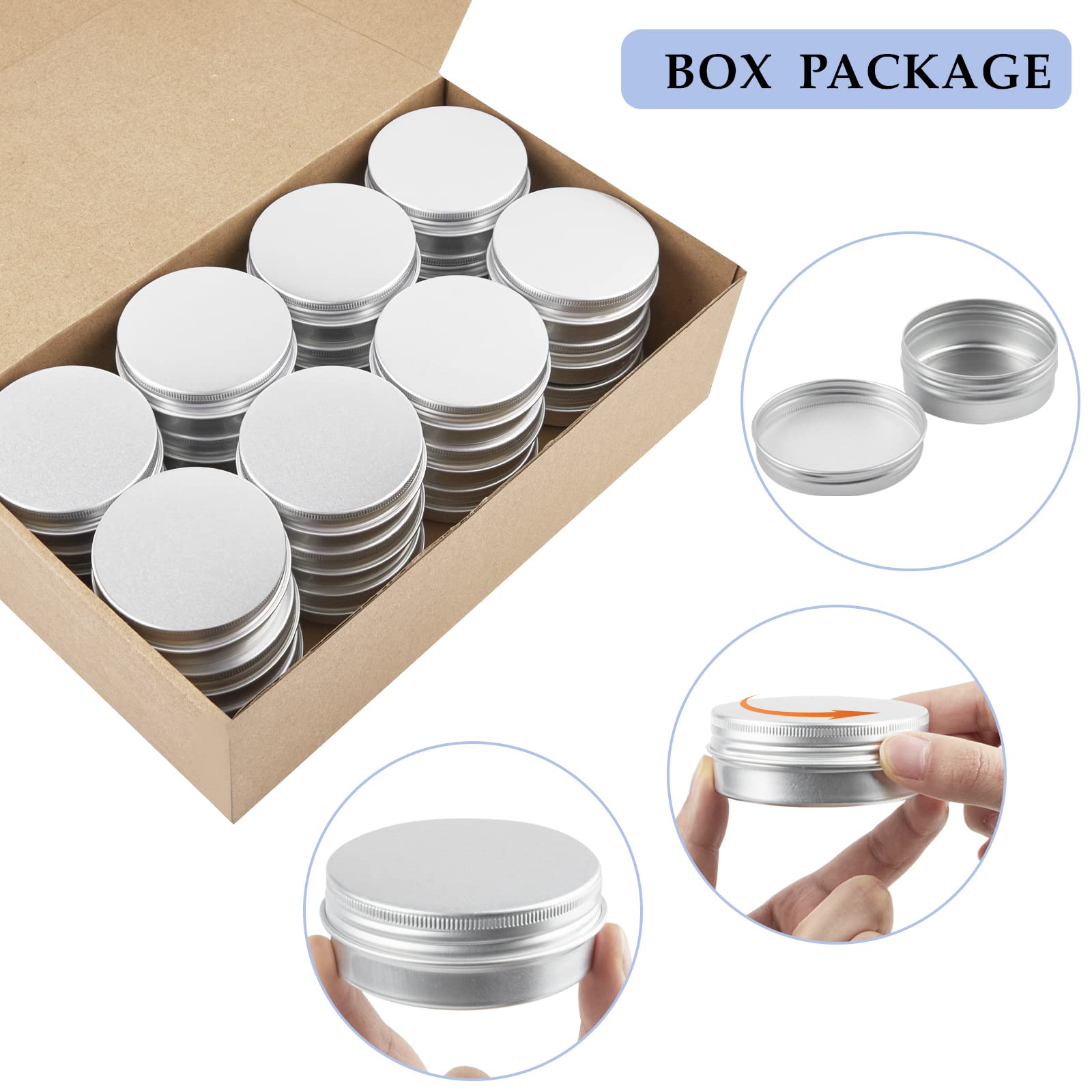 TUZAZO 24Pack 2 Oz Aluminum Tin Cans with Screw Lid and Labels, Refillable Travel Sized Cosmetic Containers Small Tins for Salves, Lotion Bars, Beard Balms, Candles