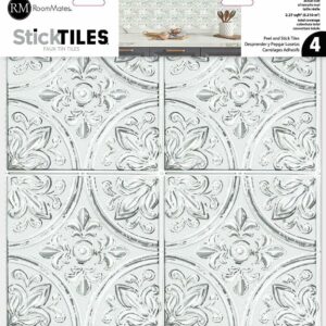 RoomMates TIL4623FLT StickTiles White Tin Peel and Stick Tile Backsplash, 10.5 inch x 10.5 inch, 4 Count (Pack of 1)