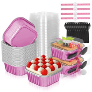 heyyumi 10oz aluminum foil brownie pans with lids, 40 pack square cake pans, disposable ramekins cupcake cups containers,mini cake baking pans,large muffin tin holder for catering gathering - pink