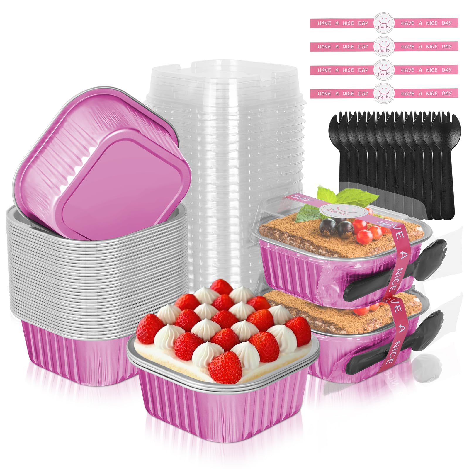 HEYYUMI 10oz Aluminum Foil Brownie Pans with Lids, 40 Pack Square Cake Pans, Disposable Ramekins Cupcake Cups Containers,Mini Cake Baking Pans,Large Muffin Tin Holder for Catering Gathering - Pink