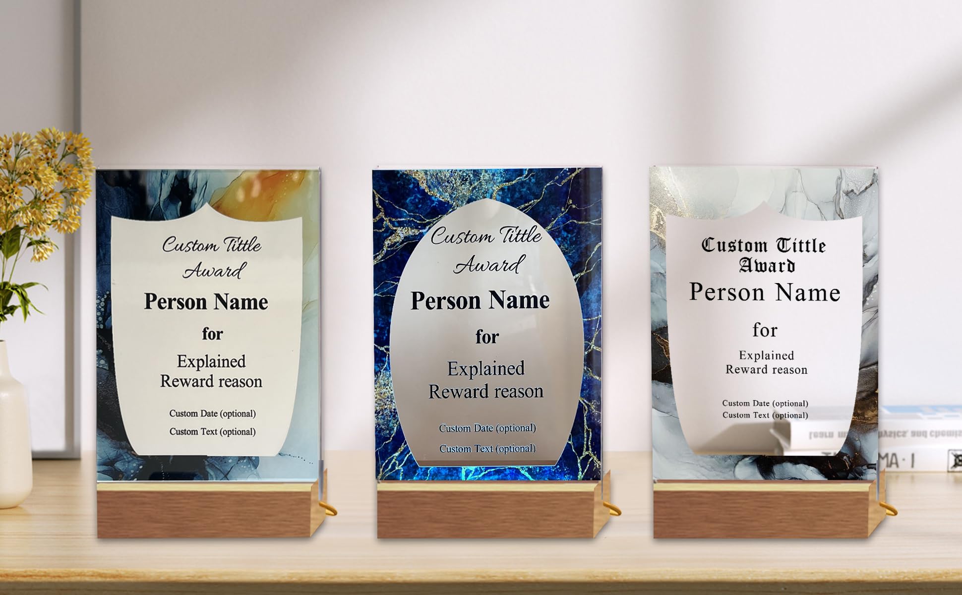 Tina&Co Customizable Award Plaque，Custom Award Plaque, Personalized Trophy Award,6 types of marble backgrounds, 5 shapes, 4 Base, with the option to add text or photos. (Award Plaque)