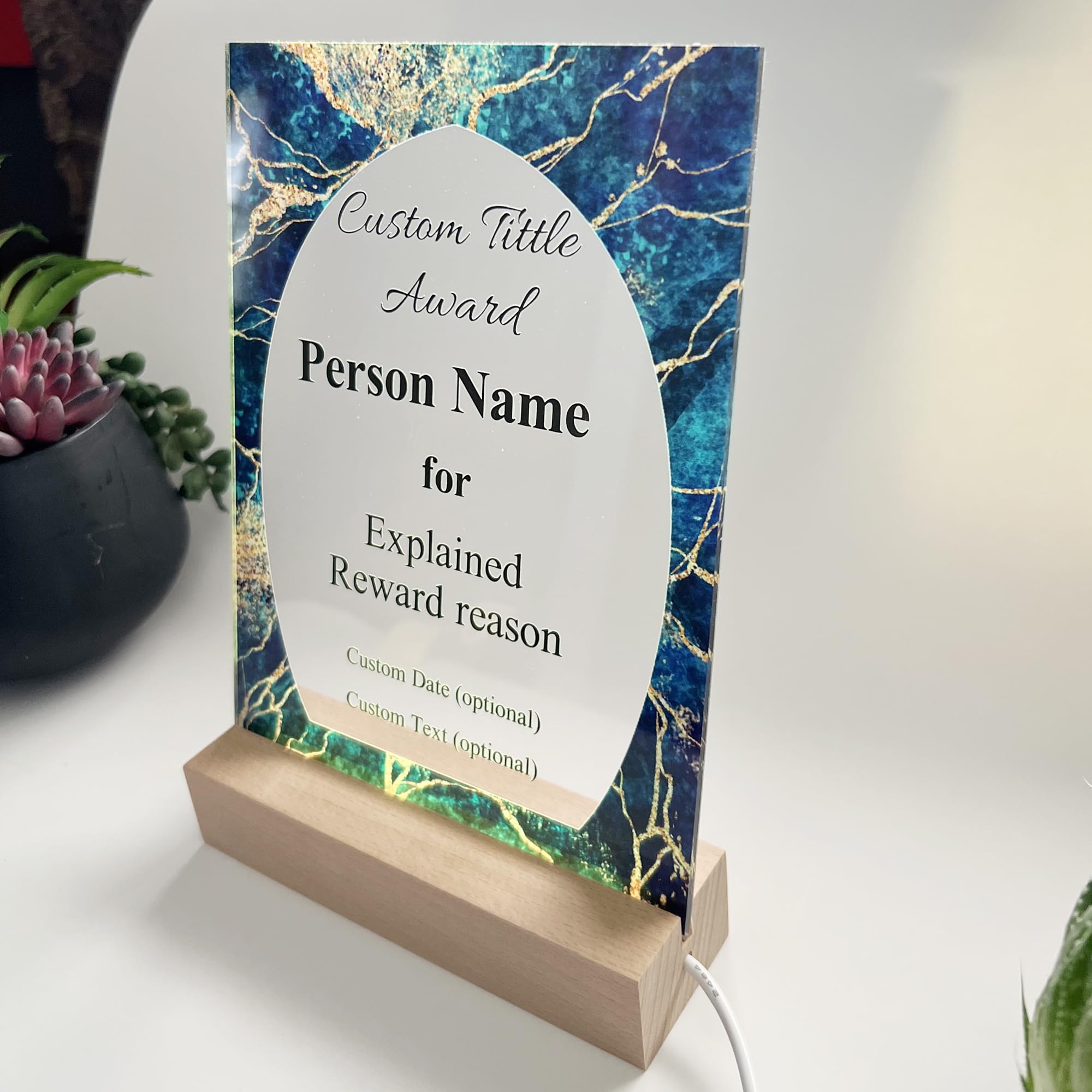 Tina&Co Customizable Award Plaque，Custom Award Plaque, Personalized Trophy Award,6 types of marble backgrounds, 5 shapes, 4 Base, with the option to add text or photos. (Award Plaque)