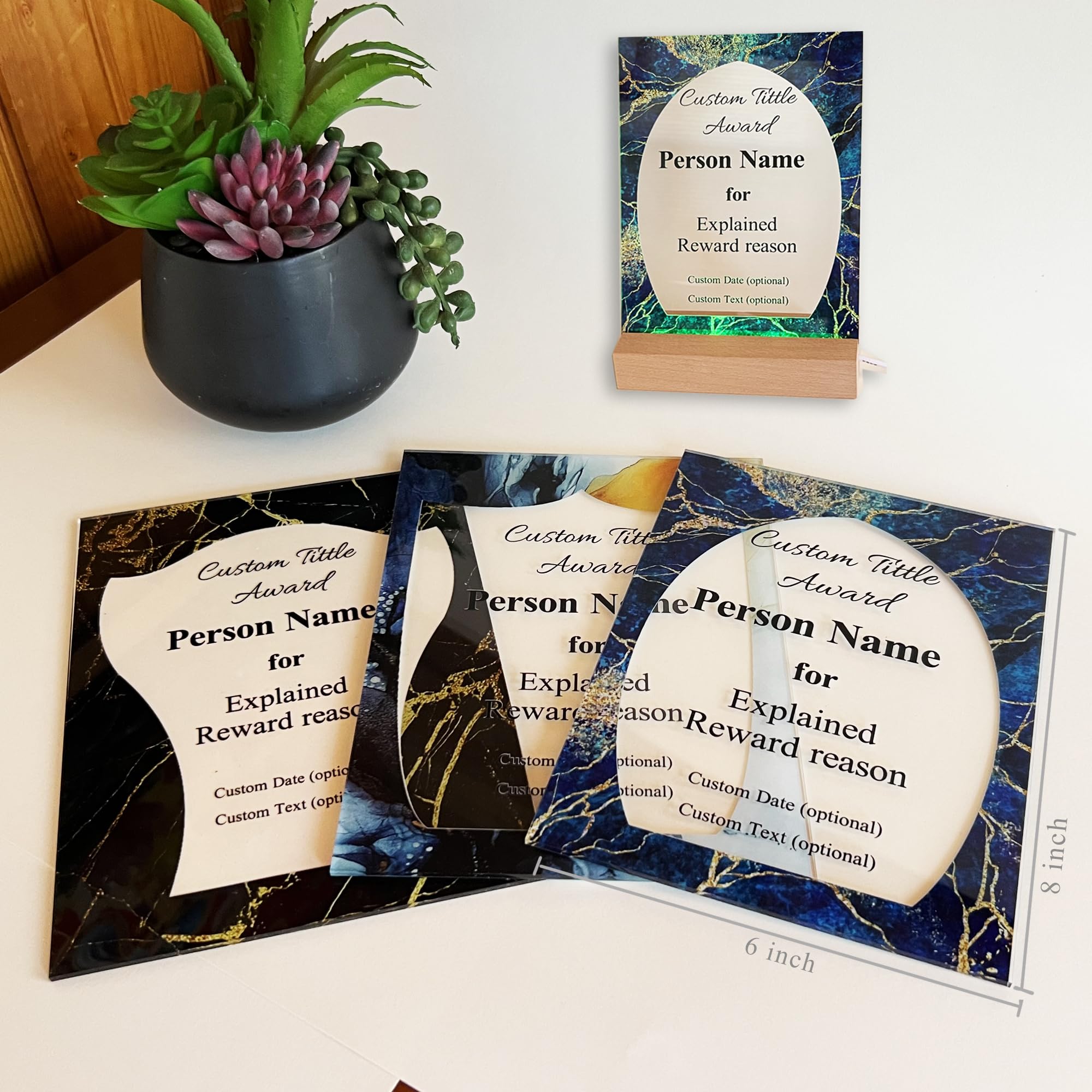 Tina&Co Customizable Award Plaque，Custom Award Plaque, Personalized Trophy Award,6 types of marble backgrounds, 5 shapes, 4 Base, with the option to add text or photos. (Award Plaque)