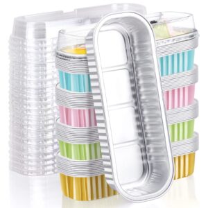 eusoar aluminum foil cupcake liners, 50pcs 5 mixed colors 6.8oz 6.5"x2.5"x1.2" disposable foil ramekins pan tin with lids，cupcake baking cups containers, cheesecake creme brulee ramekins pan