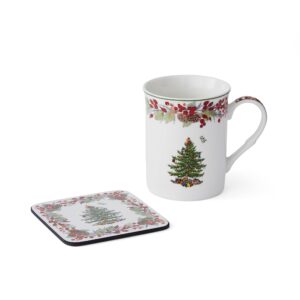 Spode Christmas Tree 2023 Annual 5 Piece Mug and Coaster Set with Tin Gift Box - Festive Holiday Gift Set for Coffee and Tea - Porcelain Mugs and Cork-Backed Coasters - Dishwasher Safe