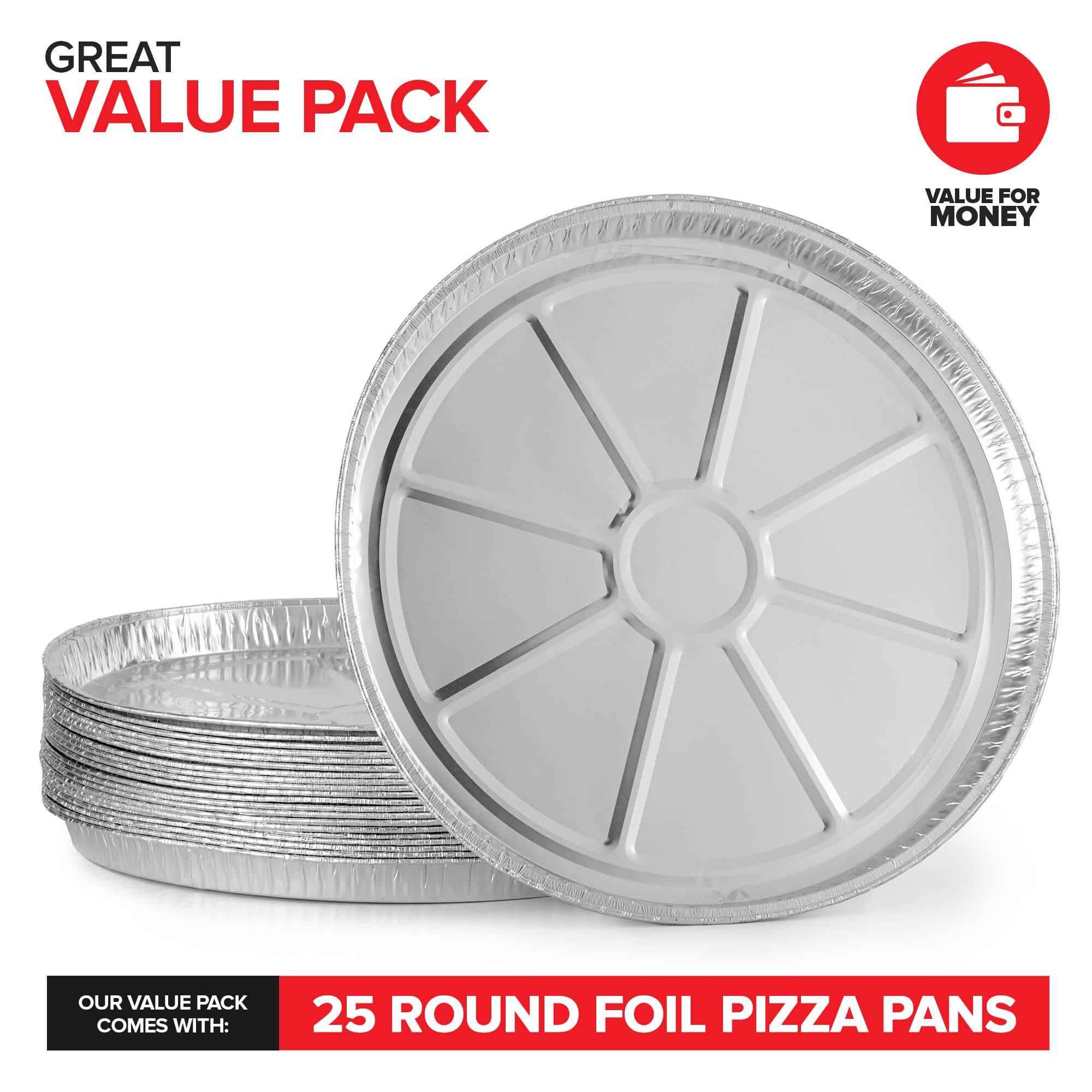 Stock Your Home (25 Pack) 12 Inch Aluminum Pizza Pans Disposable Round Foil Focaccia Pan for Individual Personal Pizzas, Giant Size Chocolate Chip Cookie Cake Tin, Large Serving Trays, Platter Tray