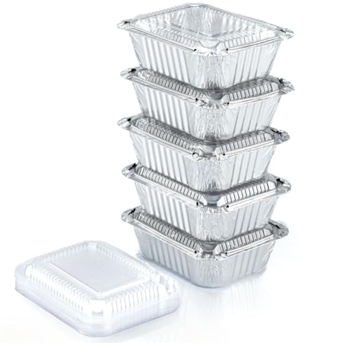 Spare Essentials 1 Lb Aluminum Pans with Lids (55 Pack) Disposable Baking Foil Containers, Takeout Food Storage, Freezer - Mini Foil Pans with Clear Lids for Restaurants & Catering - Size 5.5x4.5x1.9