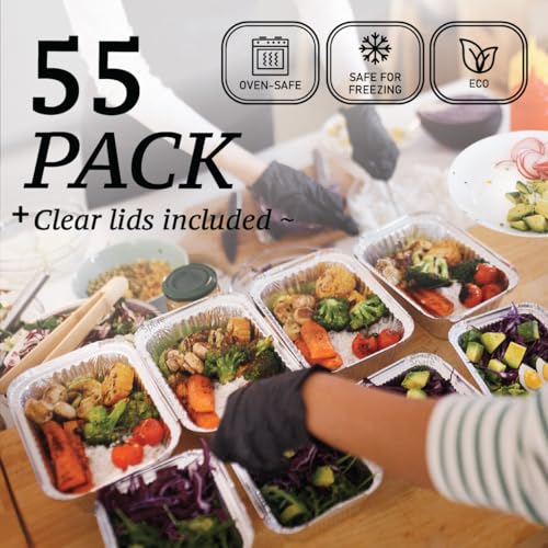 Spare Essentials 1 Lb Aluminum Pans with Lids (55 Pack) Disposable Baking Foil Containers, Takeout Food Storage, Freezer - Mini Foil Pans with Clear Lids for Restaurants & Catering - Size 5.5x4.5x1.9