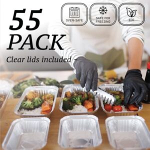 Spare Essentials 1 Lb Aluminum Pans with Lids (55 Pack) Disposable Baking Foil Containers, Takeout Food Storage, Freezer - Mini Foil Pans with Clear Lids for Restaurants & Catering - Size 5.5x4.5x1.9