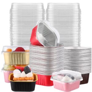 skylety 100 pcs 5 oz mini square baking pans with lids aluminum foil cupcake pans brownie baking cups disposable ramekins individual tin dessert containers for kitchen birthday (multicolor)