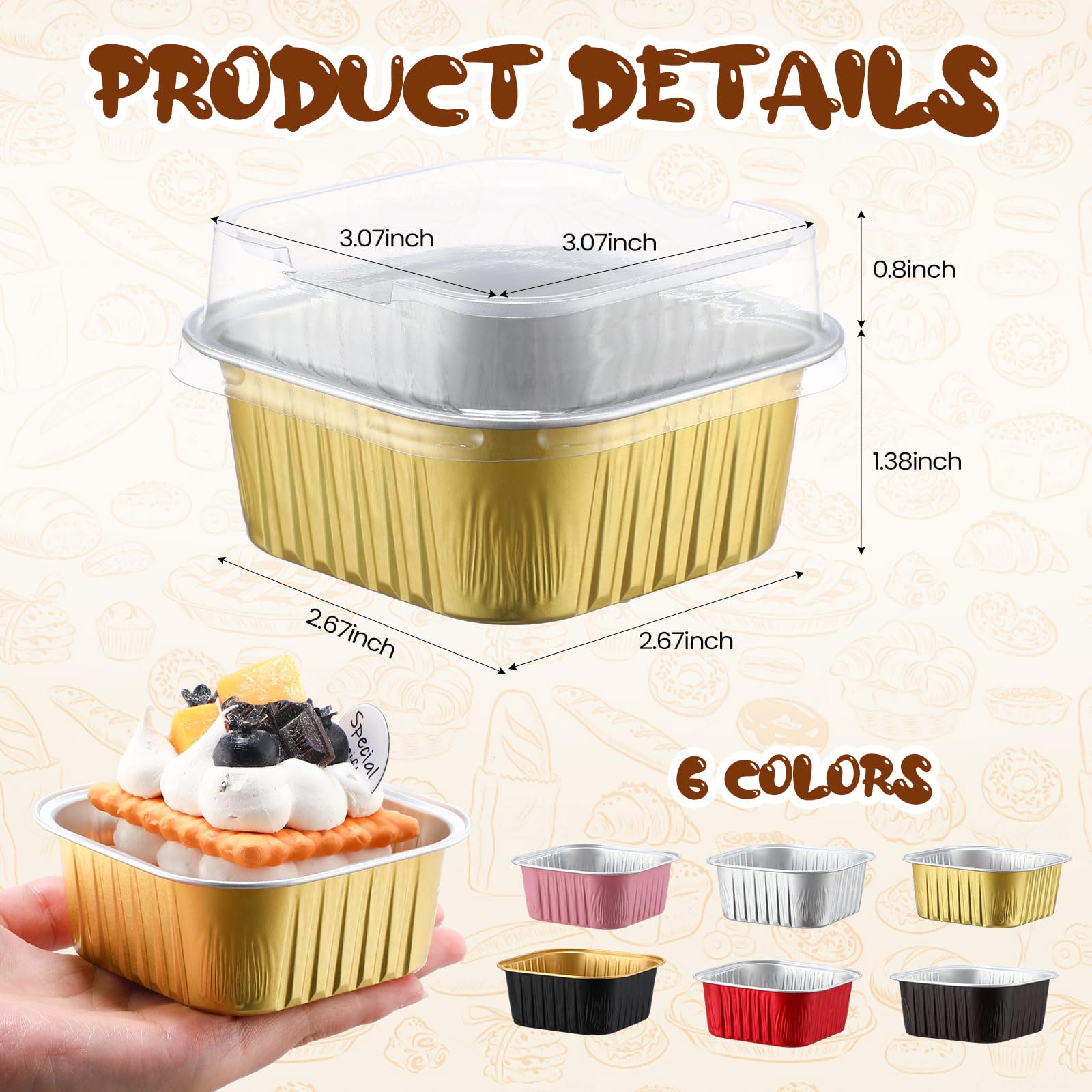 Skylety 100 Pcs 5 oz Mini Square Baking Pans with Lids Aluminum Foil Cupcake Pans Brownie Baking Cups Disposable Ramekins Individual Tin Dessert Containers for Kitchen Birthday (Multicolor)