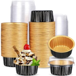 150 count aluminum foil baking cup disposable ramekins with lids 5oz mini cupcake liners flan mold mini cake pans with lids disposable cake tins for pudding desert creme brulee (black, gold)