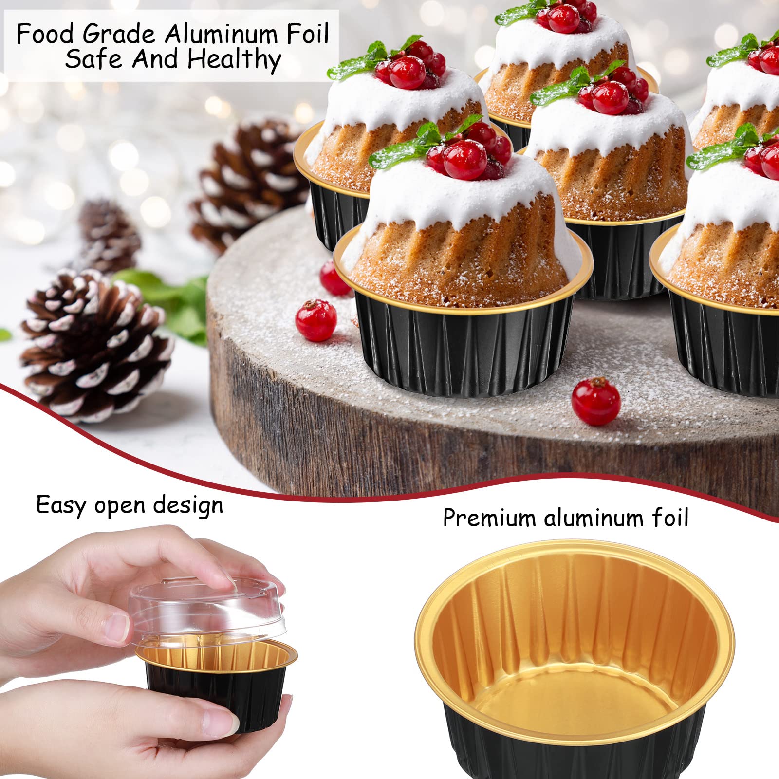 150 Count Aluminum Foil Baking Cup Disposable Ramekins with Lids 5oz Mini Cupcake Liners Flan Mold Mini Cake Pans with Lids Disposable Cake Tins for Pudding Desert Creme Brulee (Black, Gold)