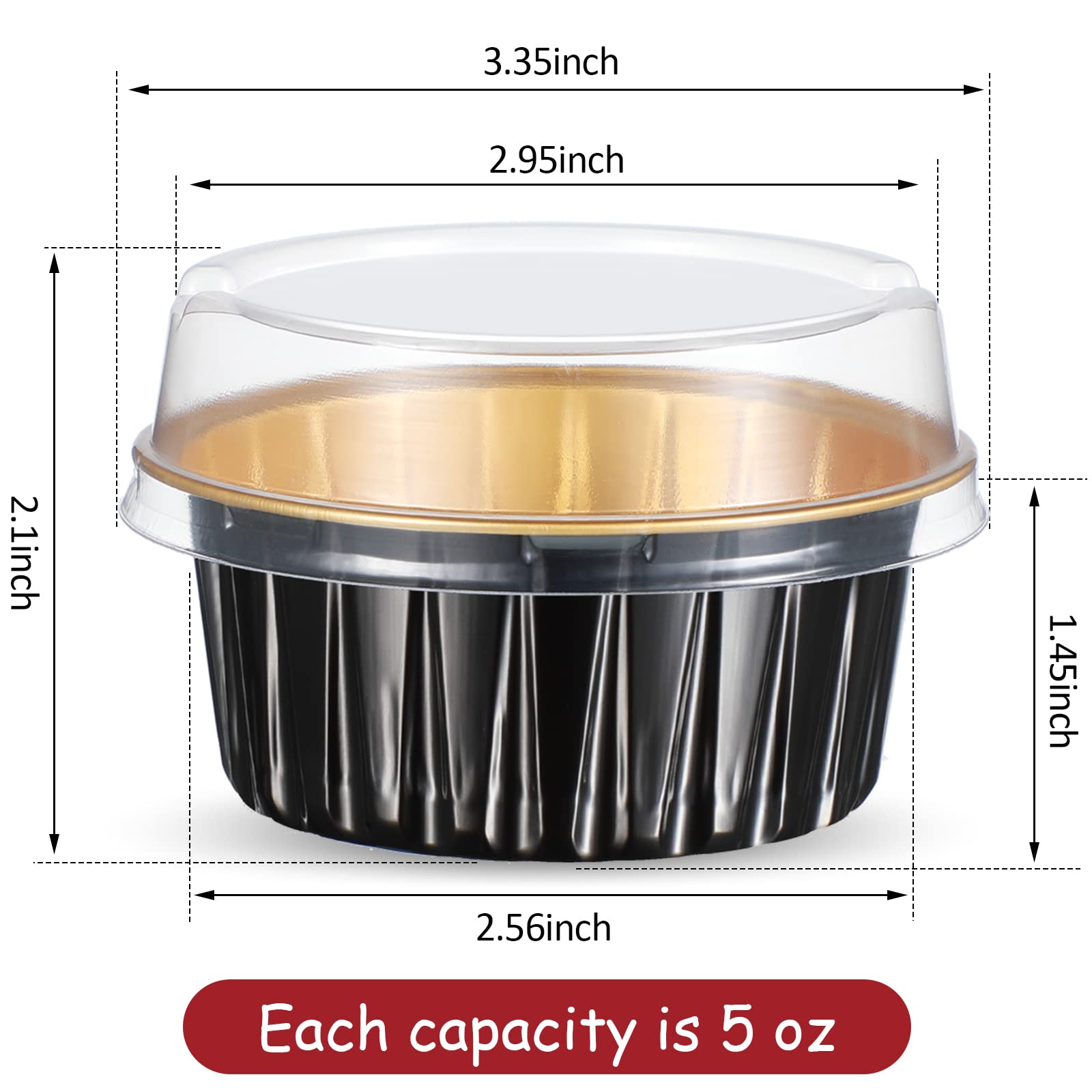 150 Count Aluminum Foil Baking Cup Disposable Ramekins with Lids 5oz Mini Cupcake Liners Flan Mold Mini Cake Pans with Lids Disposable Cake Tins for Pudding Desert Creme Brulee (Black, Gold)