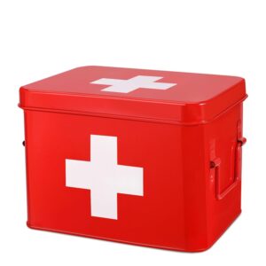 flexzion first aid box organizer, empty 8.5 inch red vintage first aid kit tin metal medical box first aid storage box container bins with dividers, removable tray and cross logo