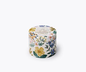 rifle paper co. 3 oz tin candle | festive occasions and gatherings with decorative box and festive labels on soy candle base and 40+ hour burn time, the high peaks of the adirondack forest