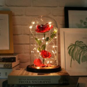 urbanseasons beauty and the beast rose flowers,women gifts idea birthday, unique gifts for her,anniversary rose gift decorations artificial flower gift romantic red silk rose, flower in glass dome