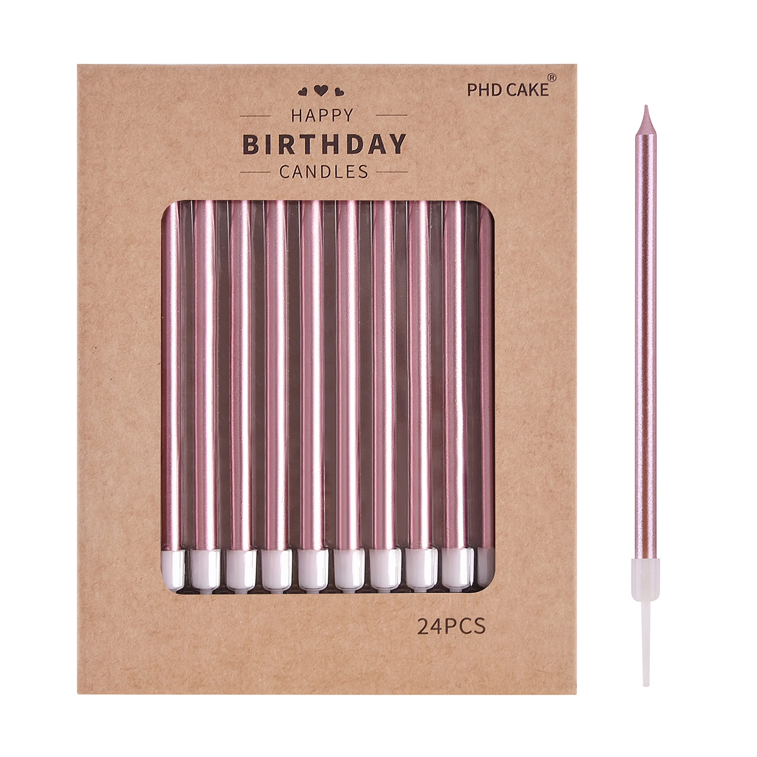 PHD CAKE 24-Count Rose Gold Long Thin Metallic Birthday Candles, Cake Candles, Birthday Parties, Wedding Decorations, Party Candles