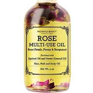 multi-use oil for face, body and hair - organic blend of apricot, vitamin e and sweet almond oil moisturizer for dry skin, scalp and nails - rose petals, and bergamot essential oil - 4 fl oz