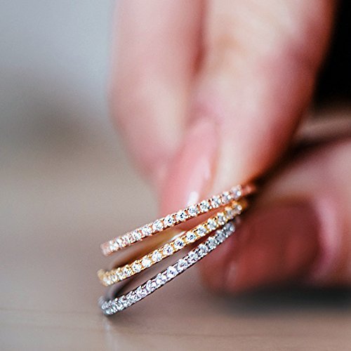 PAVOI 14K Rose Gold Plated 925 Sterling Silver Stackable CZ Ring for Women | Thin Band for Stacking | Simulated Diamond Eternity Wedding Band | Size 7