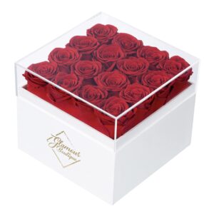 glamour boutique preserved roses in a box - valentines day gifts for her, wife & mom, 16-piece rose forever flowers decor for birthday gift, get well flower bouquet cased in white box with cover - red