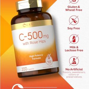 Carlyle Vitamin C with Rose Hips 500mg | 200 Caplets | High Potency Formula | Vegetarian, Non-GMO and Gluten Free Supplement