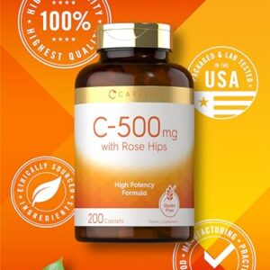 Carlyle Vitamin C with Rose Hips 500mg | 200 Caplets | High Potency Formula | Vegetarian, Non-GMO and Gluten Free Supplement