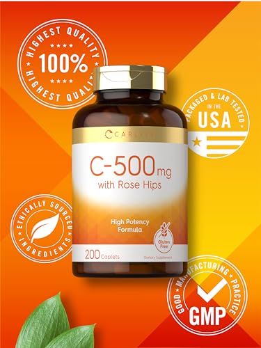 Carlyle Vitamin C with Rose Hips 500mg | 200 Caplets | High Potency Formula | Vegetarian, Non-GMO and Gluten Free Supplement