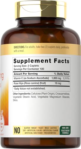 Carlyle Vitamin C with Rose Hips 500mg | 200 Caplets | High Potency Formula | Vegetarian, Non-GMO and Gluten Free Supplement