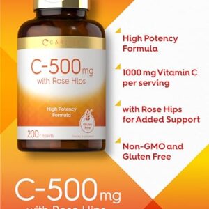 Carlyle Vitamin C with Rose Hips 500mg | 200 Caplets | High Potency Formula | Vegetarian, Non-GMO and Gluten Free Supplement