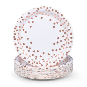 matican party paper plates, 50-pack disposable white and rose gold plates, foil polka dots, 9-inch