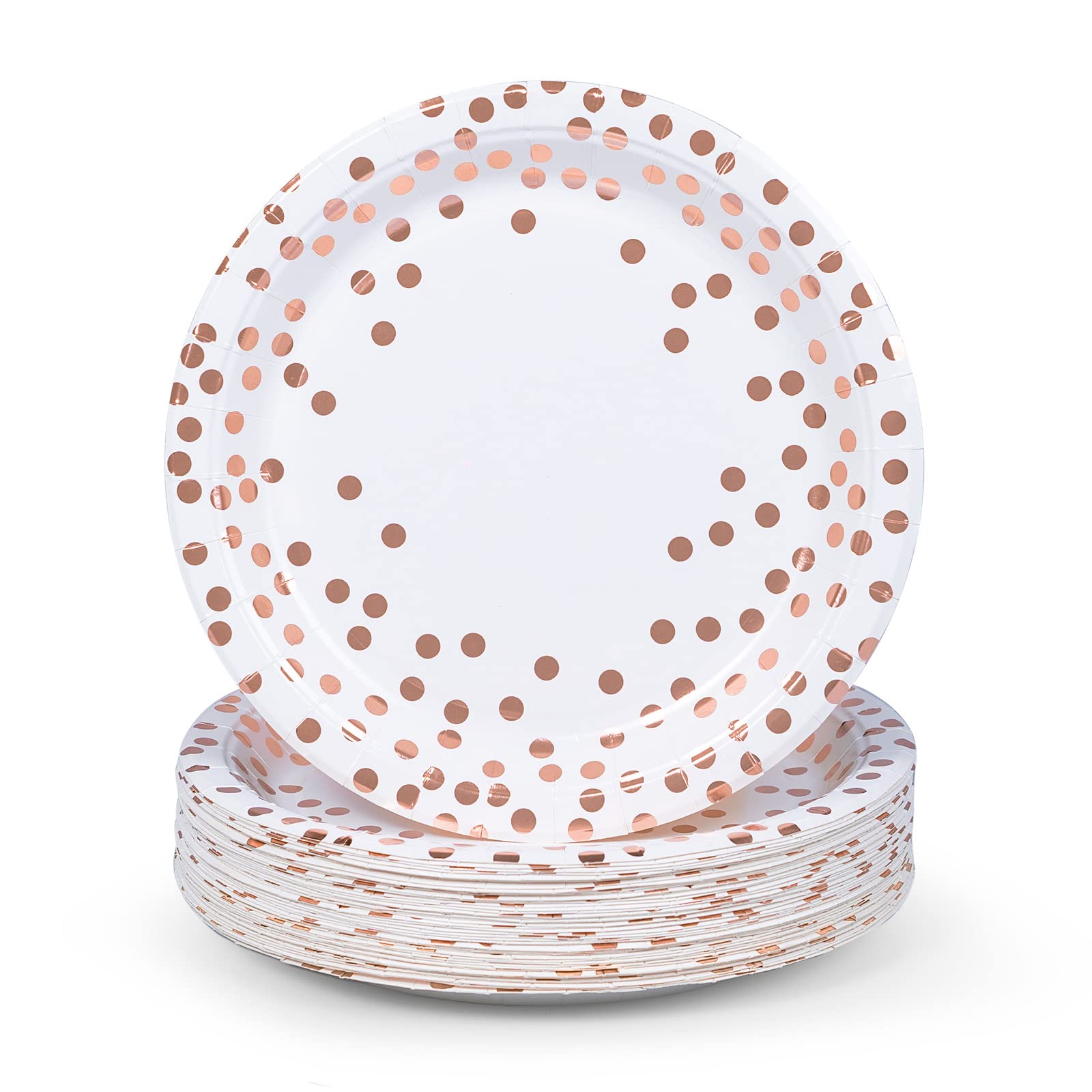 MATICAN Party Paper Plates, 50-Pack Disposable White and Rose Gold Plates, Foil Polka Dots, 9-Inch