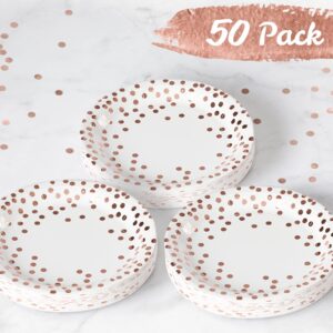 MATICAN Party Paper Plates, 50-Pack Disposable White and Rose Gold Plates, Foil Polka Dots, 9-Inch