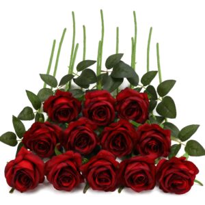 12pcs artificial roses silk flowers fake roses bouquet long stem for home wedding decoration party (wine)