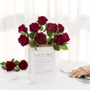 12PCS Artificial Roses Silk Flowers Fake Roses Bouquet Long Stem for Home Wedding Decoration Party (Wine)