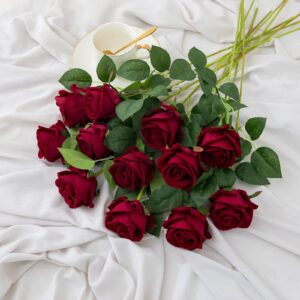 12PCS Artificial Roses Silk Flowers Fake Roses Bouquet Long Stem for Home Wedding Decoration Party (Wine)