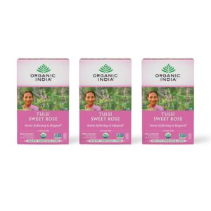 organic india tulsi sweet rose herbal tea - holy basil, stress relieving & magical, immune support, adaptogen, vegan, usda certified organic, non-gmo, caffeine-free - 18 infusion bags, 3 pack