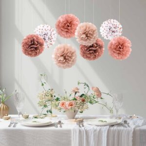 ANSOMO Rose Gold Tissue Paper Pom Poms Flowers Dusty Pink Coral Polka Dot Wall Hanging Wedding Birthday Bridal Baby Shower Party Decorations 12" 10" Pack of 12