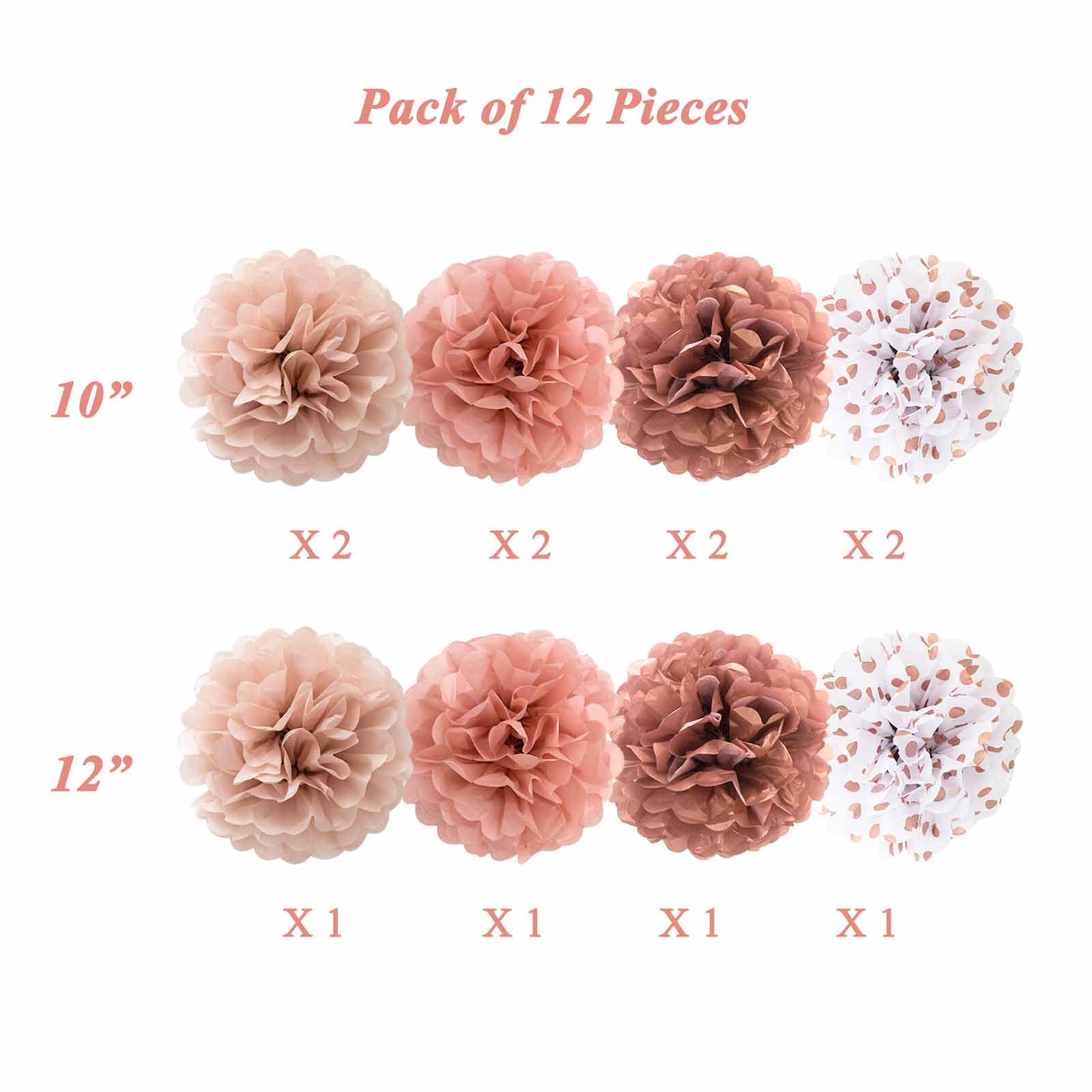 ANSOMO Rose Gold Tissue Paper Pom Poms Flowers Dusty Pink Coral Polka Dot Wall Hanging Wedding Birthday Bridal Baby Shower Party Decorations 12" 10" Pack of 12