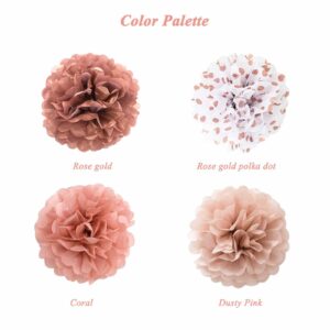 ANSOMO Rose Gold Tissue Paper Pom Poms Flowers Dusty Pink Coral Polka Dot Wall Hanging Wedding Birthday Bridal Baby Shower Party Decorations 12" 10" Pack of 12