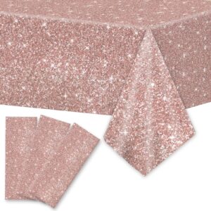 gisgfim 3pcs pink rose golden birthday party tablecloths rose gold sequin plastic table cover glitter diamonds happy birthday background girls for wedding, graduation, anniversary, holiday(plastic)