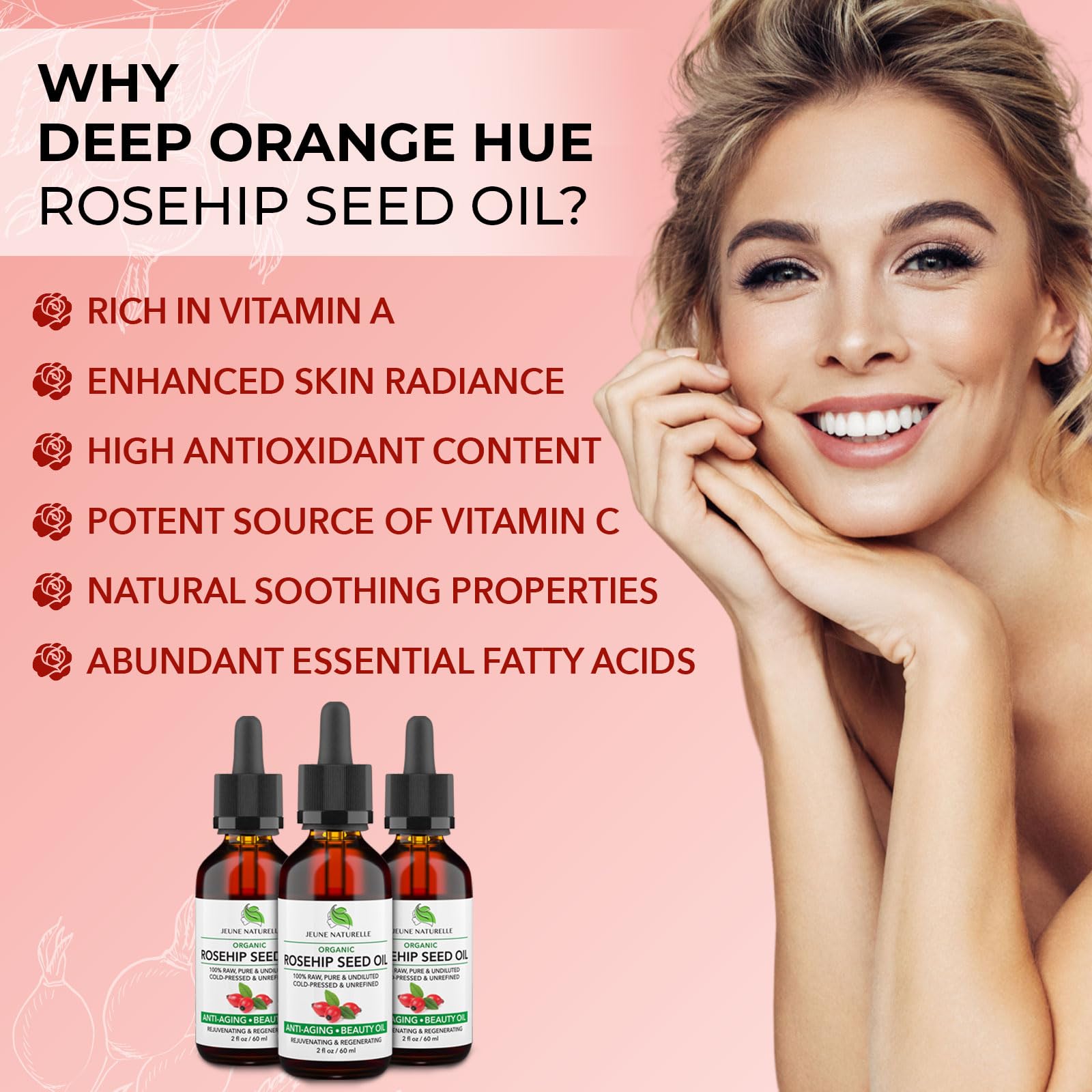 Jeune Naturelle Rosehip Oil Organic, From Fruit & Seeds, Pure, Raw, Virgin, Cold Pressed, Undiluted Body Oil For Skin Care, For Hair Oil, Gua Sha, Cuticle Oil, Face Oil, Organic Rosehip Seed Oil, 2 oz