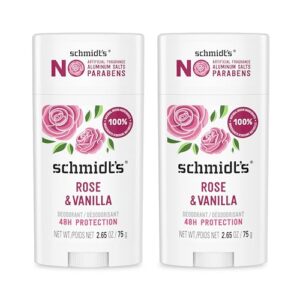 schmidt's aluminum-free vegan deodorant rose & vanilla with 24 hour odor protection 2 count for women and men, natural ingredients, cruelty-free, 2.65 oz