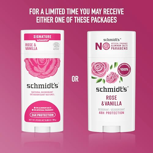 Schmidt's Aluminum-Free Vegan Deodorant Rose & Vanilla with 24 Hour Odor Protection 2 Count for Women and Men, Natural Ingredients, Cruelty-Free, 2.65 oz