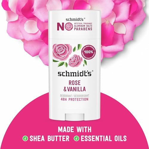 Schmidt's Aluminum-Free Vegan Deodorant Rose & Vanilla with 24 Hour Odor Protection 2 Count for Women and Men, Natural Ingredients, Cruelty-Free, 2.65 oz