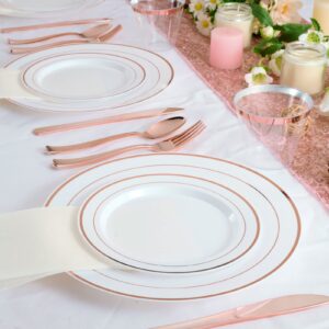 FOCUSLINE 600pcs Rose Gold Dinnerware Set for 100 Guests, Rose Gold Rim Plastic Plates Disposable, 100 Dinner Plates, 100 Salad Plates,100 Cups,100 Silverware Set for Wedding Parties