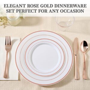 FOCUSLINE 600pcs Rose Gold Dinnerware Set for 100 Guests, Rose Gold Rim Plastic Plates Disposable, 100 Dinner Plates, 100 Salad Plates,100 Cups,100 Silverware Set for Wedding Parties