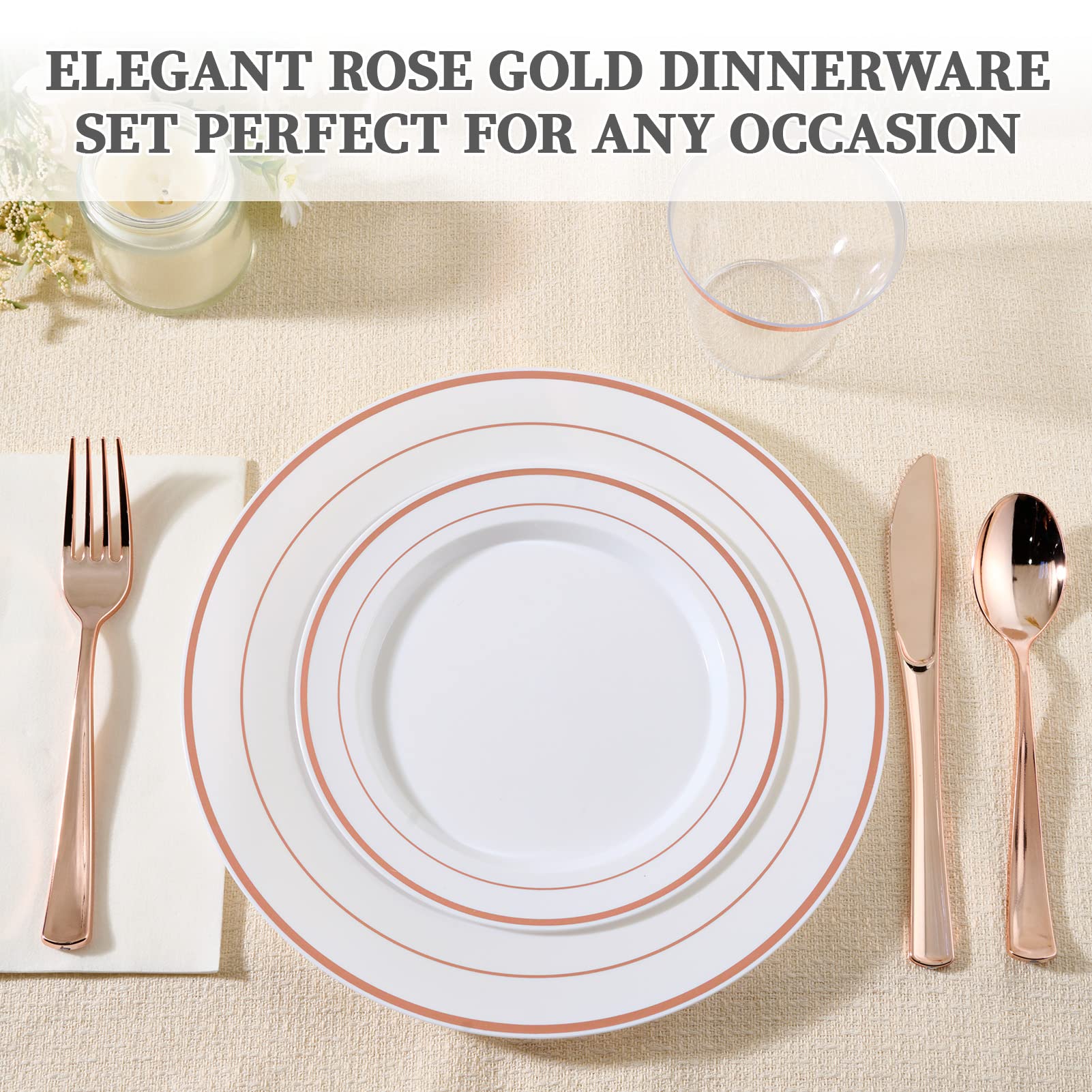 FOCUSLINE 600pcs Rose Gold Dinnerware Set for 100 Guests, Rose Gold Rim Plastic Plates Disposable, 100 Dinner Plates, 100 Salad Plates,100 Cups,100 Silverware Set for Wedding Parties