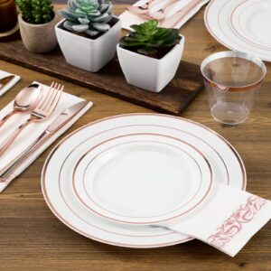 FOCUSLINE 600pcs Rose Gold Dinnerware Set for 100 Guests, Rose Gold Rim Plastic Plates Disposable, 100 Dinner Plates, 100 Salad Plates,100 Cups,100 Silverware Set for Wedding Parties