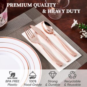 FOCUSLINE 600pcs Rose Gold Dinnerware Set for 100 Guests, Rose Gold Rim Plastic Plates Disposable, 100 Dinner Plates, 100 Salad Plates,100 Cups,100 Silverware Set for Wedding Parties